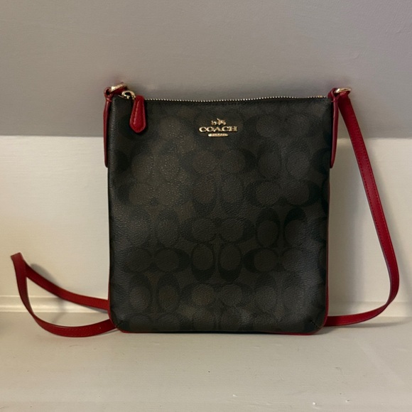 Coach | Bags | Coach Dark Brown And Red Signature Crossbody Bag | Poshmark